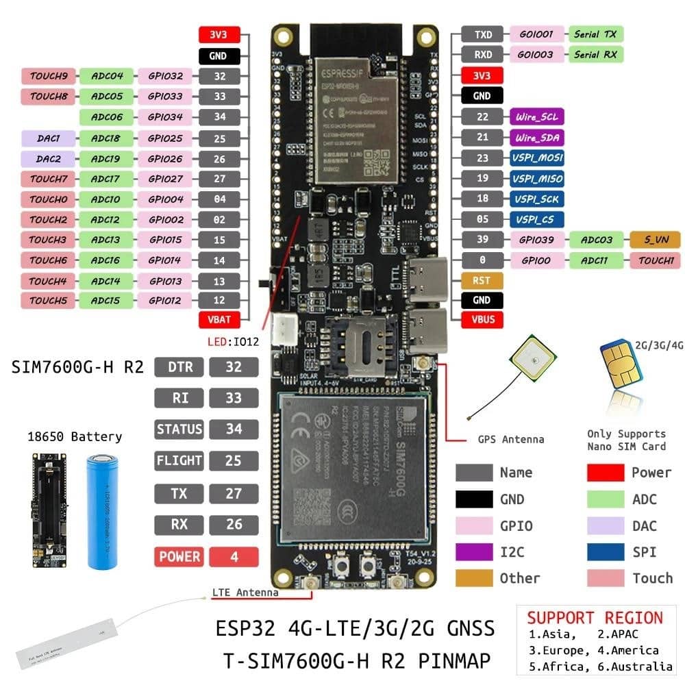 LILYGO- TTGO T-SIM7600 ESP32 LTE Cat4/1 4G plėtros plokštė SIM7600G-H R2 SIM7600SA-H SIM7600E-H ...