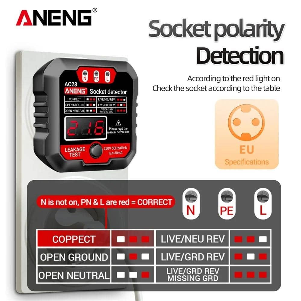 ANENG AC28 skaitmeninis lizdo maitinimo testeris 250V 50Hz/60Hz lizdo ...