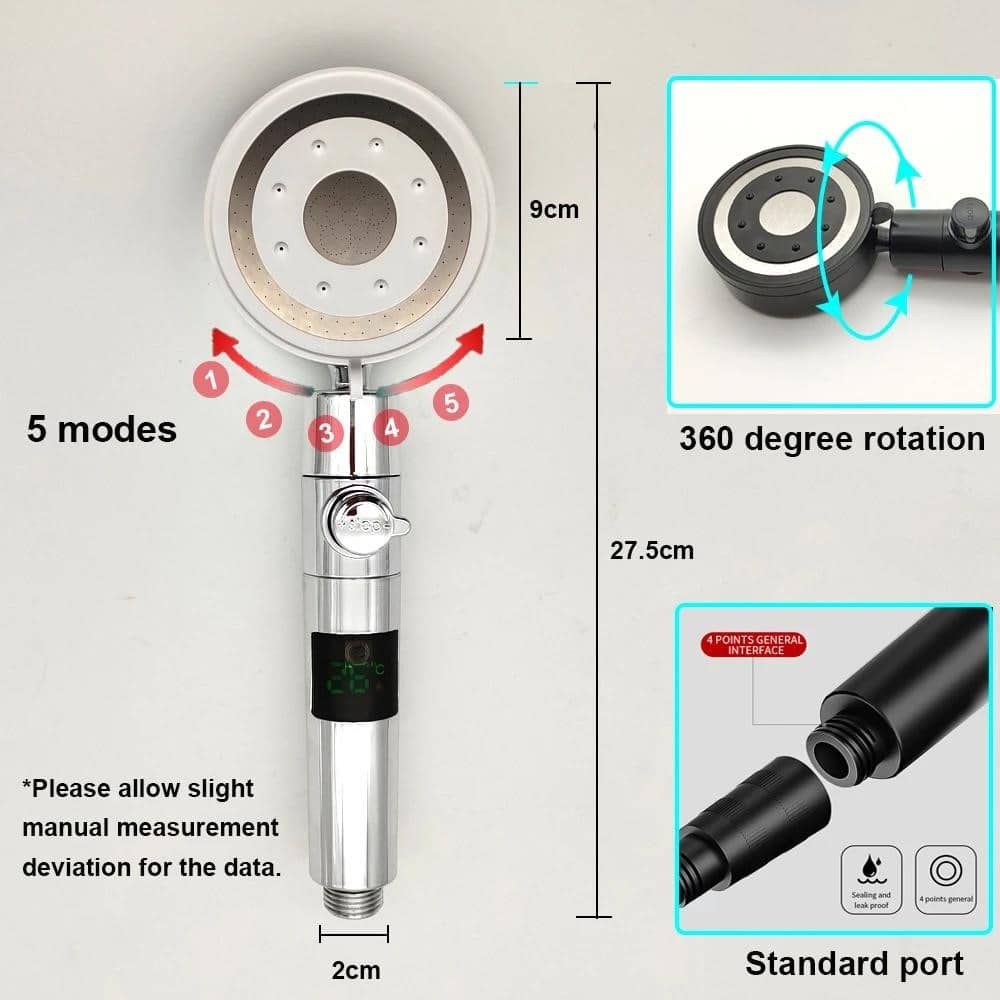 Temperatūros skaitmenų ekranas Dušo galvutė, 5 režimai, vieno klavišo ...