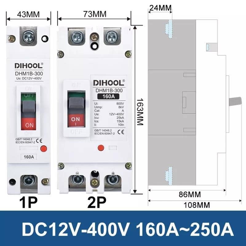 DC 12V 24V 48V 72V MCCB 250A Formuotas korpusas Grandinės pertraukiklio ...