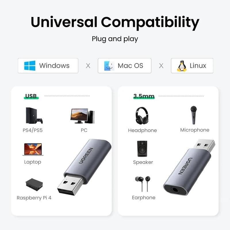 UGREEN garso plokštės USB iki 3,5 mm garso sąsajos adapteris ausinių ...